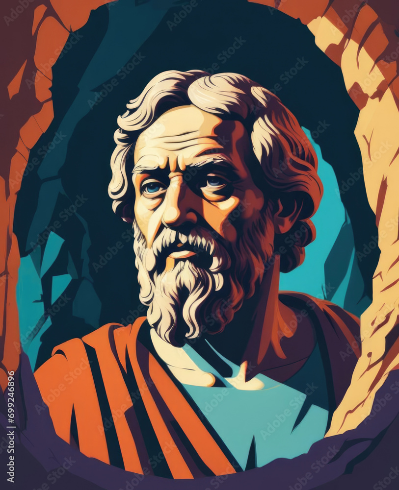 Flat Pop Art Style Portrait of Plato with Allegorical Cave Shadows on ...