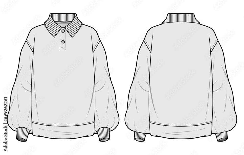 Drop Shoulder Bishop Sleeve Collared Sweater T-Shirt Front and Back ...