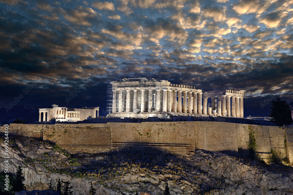 Panorama of Acropolis hill at night, Athens, Greece. Famous old ...