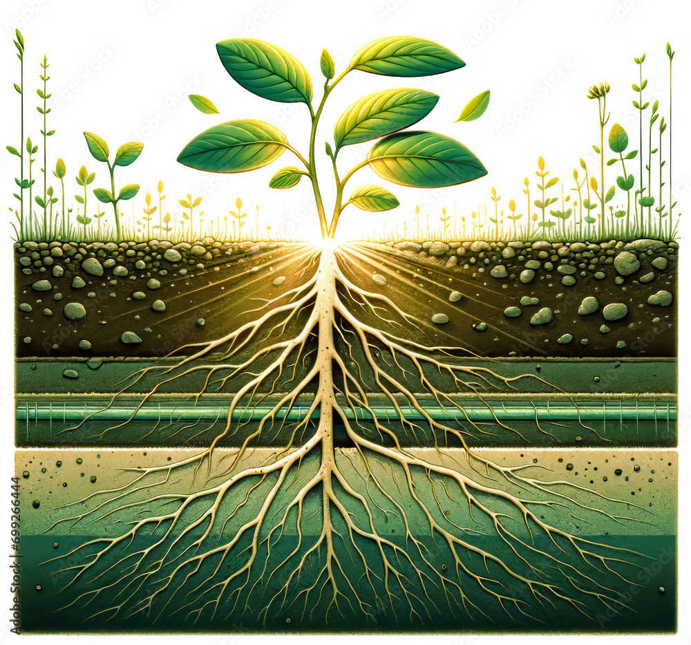 Cross section view of a seedling and root system in soil Stock ...