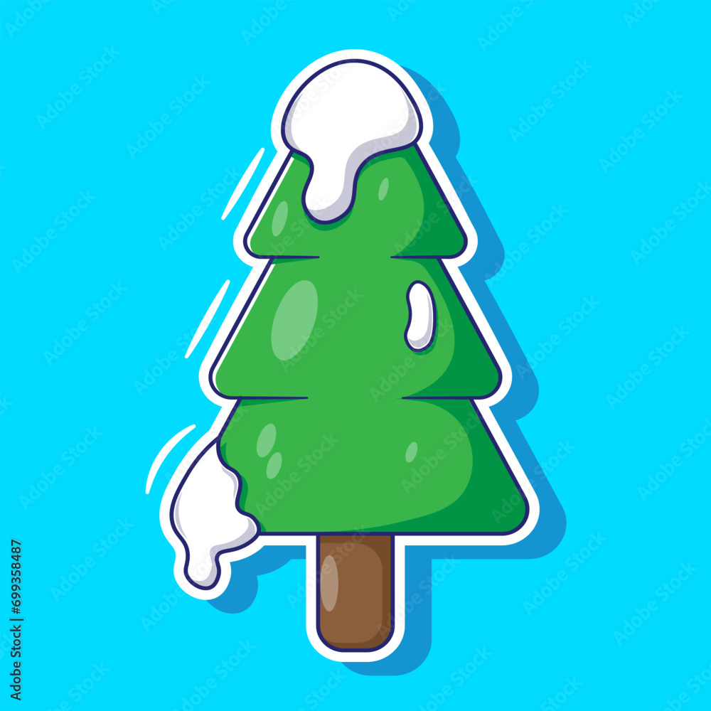 Cartoon vector of pine tree stickers with snow on branches. flat ...