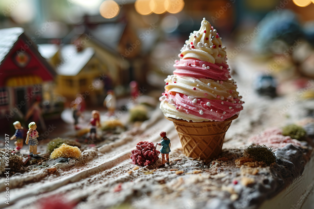 Miniature people explore and interact on a massive ice cream cone in a ...