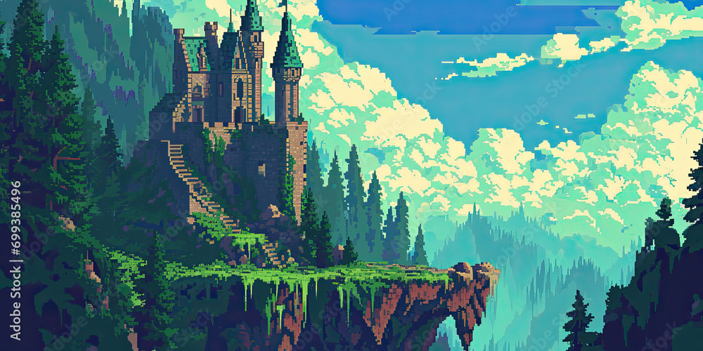Castle background video game style illustration castles towers 8-bit ...