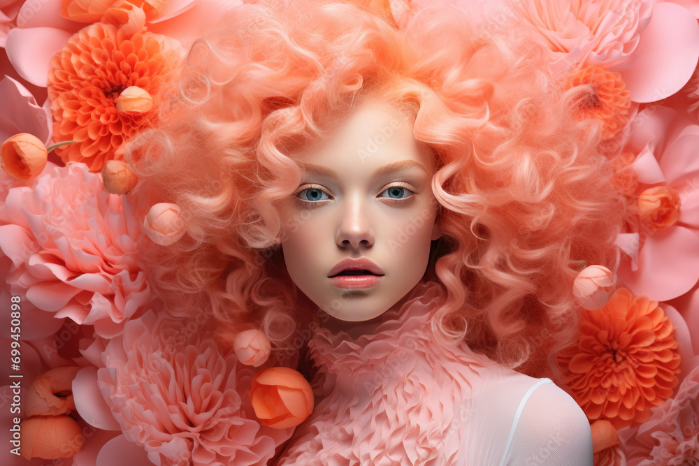 Girl with hairs painted in color of the year 2024 Peach Fuzz. Peach ...