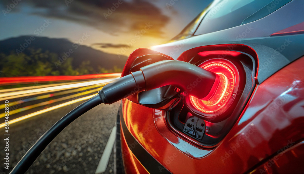 close up, EV charge nozzle with LED light, plugged into modern Electric ...