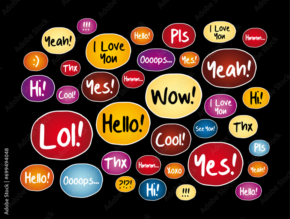 Most common used acronyms and abbreviations speech bubbles, word cloud ...