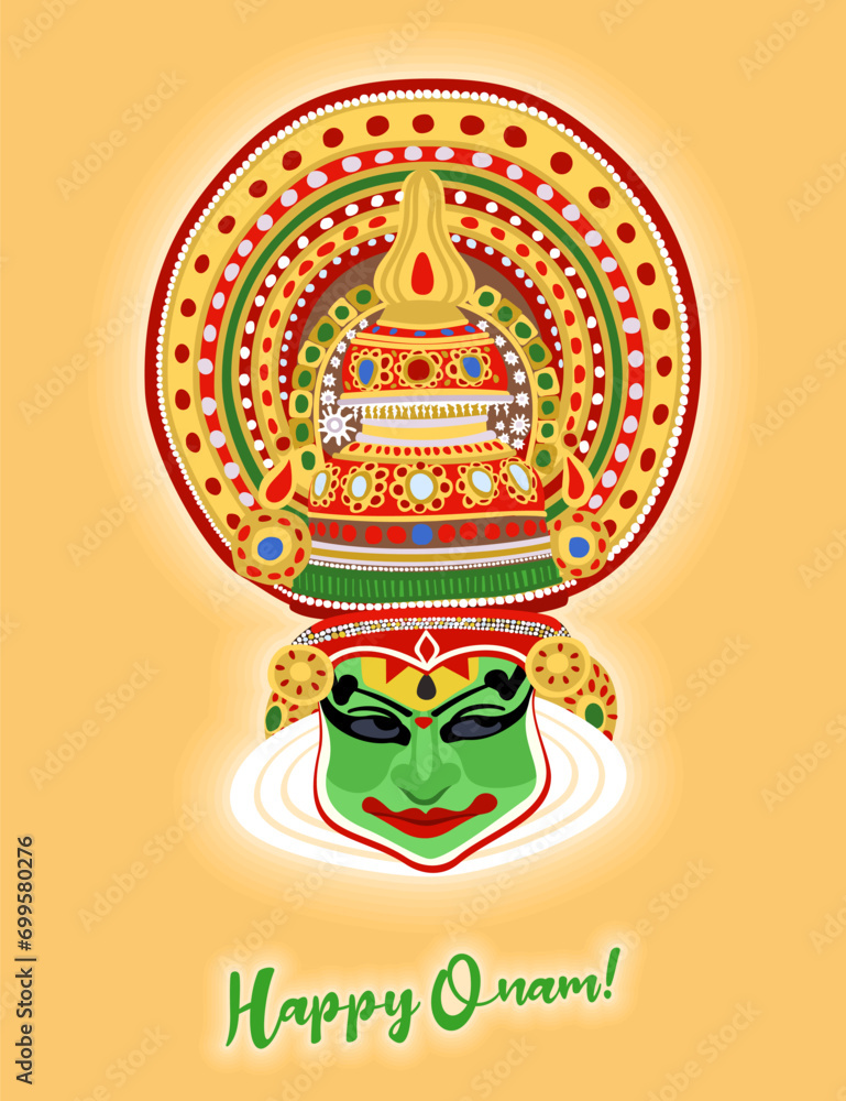 Happy Onam! Colorful vector illustration of Kathakali dancer. Onam ...