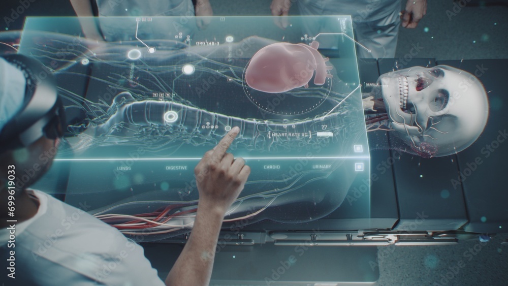 Surgical team work in high-tech operating room, perform virtual heart ...