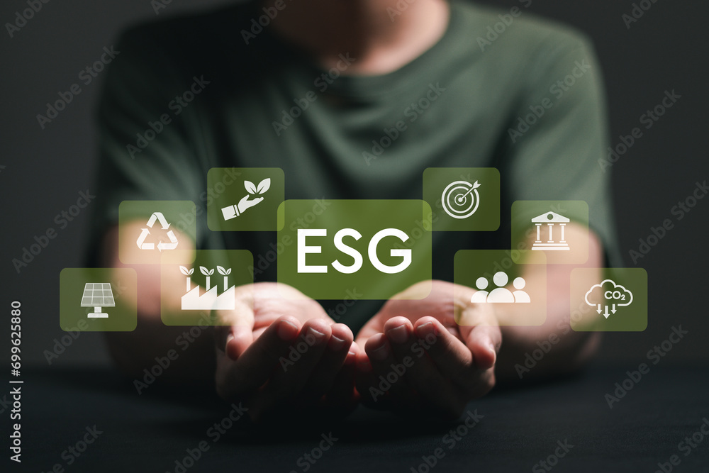 ESG environmental, social and governance. Businessman with ESG icons for world sustainable ...
