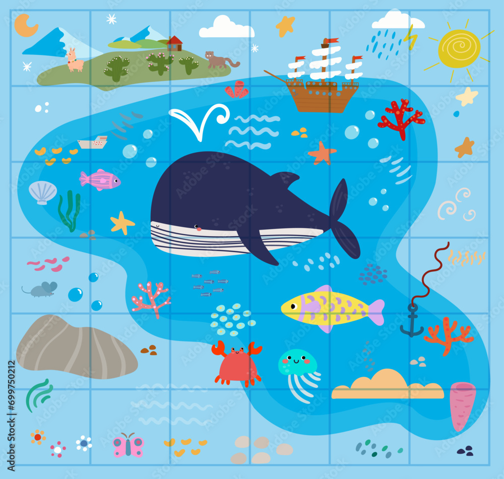 map with ocean,whale,islands,vector simple cartoon flat illustration ...