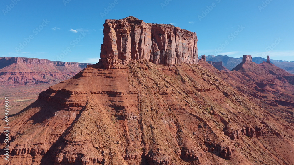Big buttes of monument of red rocks canyon in valley of colorado river ...