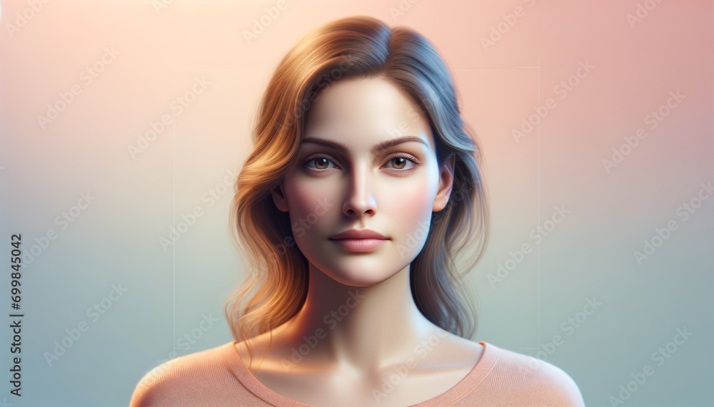 Serene face with soft lighting and pastel gradient background for ...