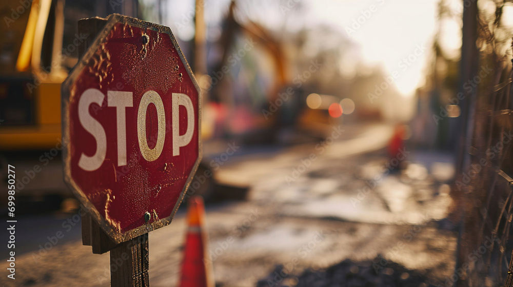 A stop sign at a construction site, ensuring worker safety, signboard ...
