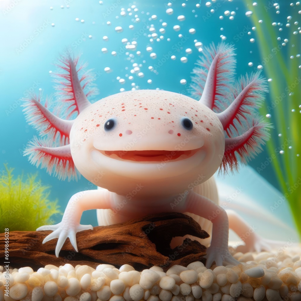 Smiling Axolotl in Aquarium - A charming, high-resolution image of a delightful axolotl grinning ...