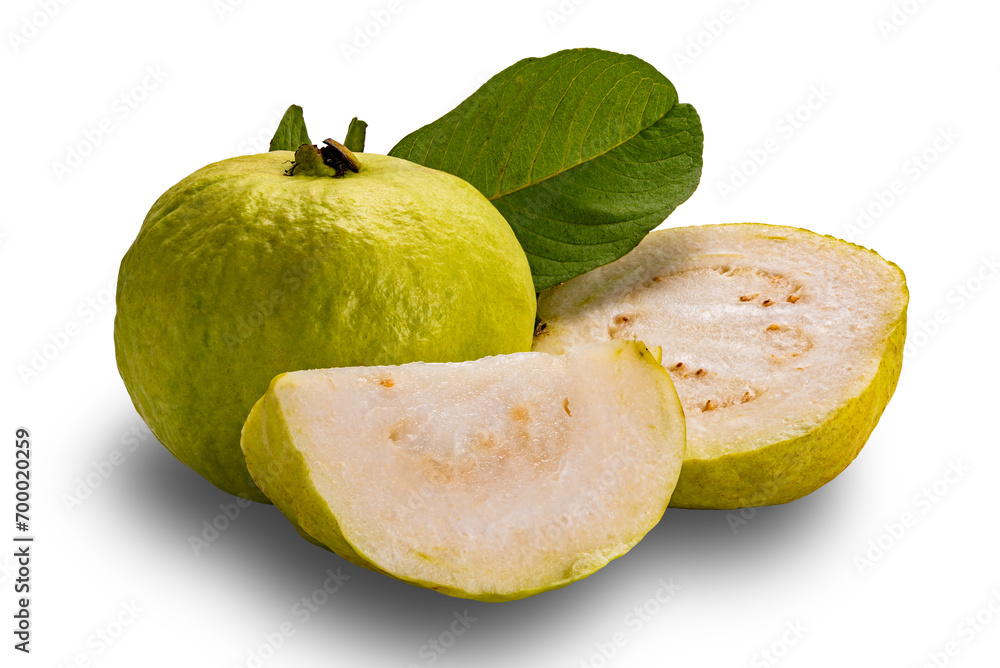 Side view of fresh guava fruit whole and half with green guava leaf ...