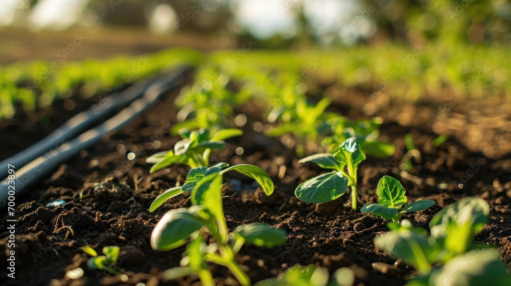 Seedlings in a field, planted in rows with an automatic watering system ...