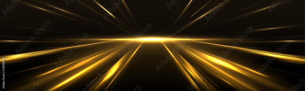 High-speed neon light lines of yellow color on a black background ...