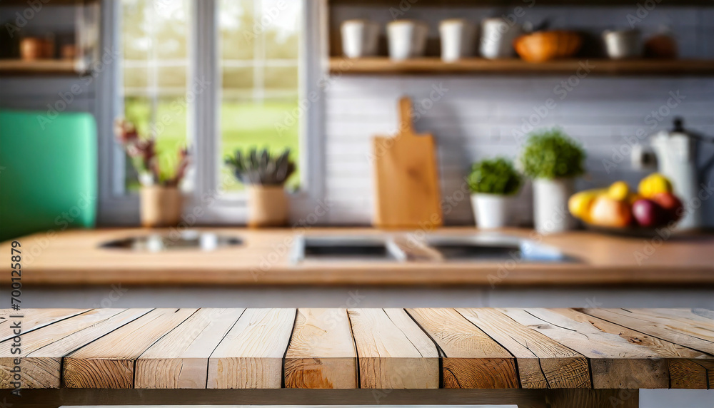 Wooden table on blurred kitchen bench background. Empty wooden table ...