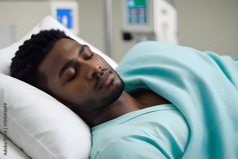 Portrait of a young black male sleeping sick in a hospital bed with a ...