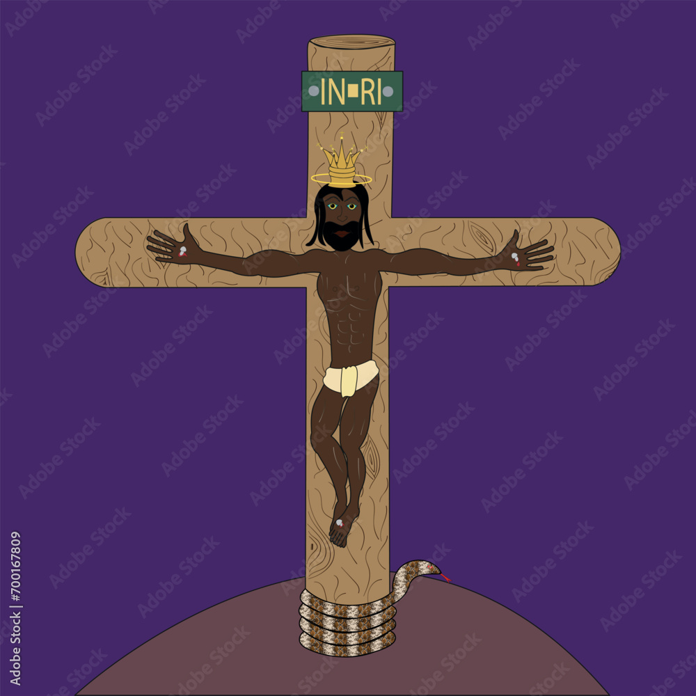 Jesus Christ hangs crucified on a wooden cross. At the bottom of the ...