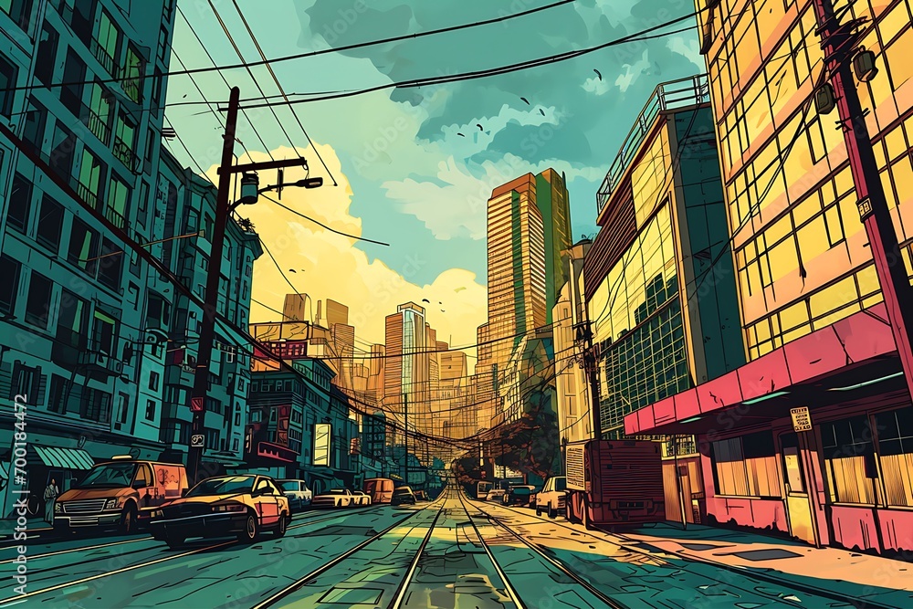 Comic book illustration in the style of busy city, tall buildings ...