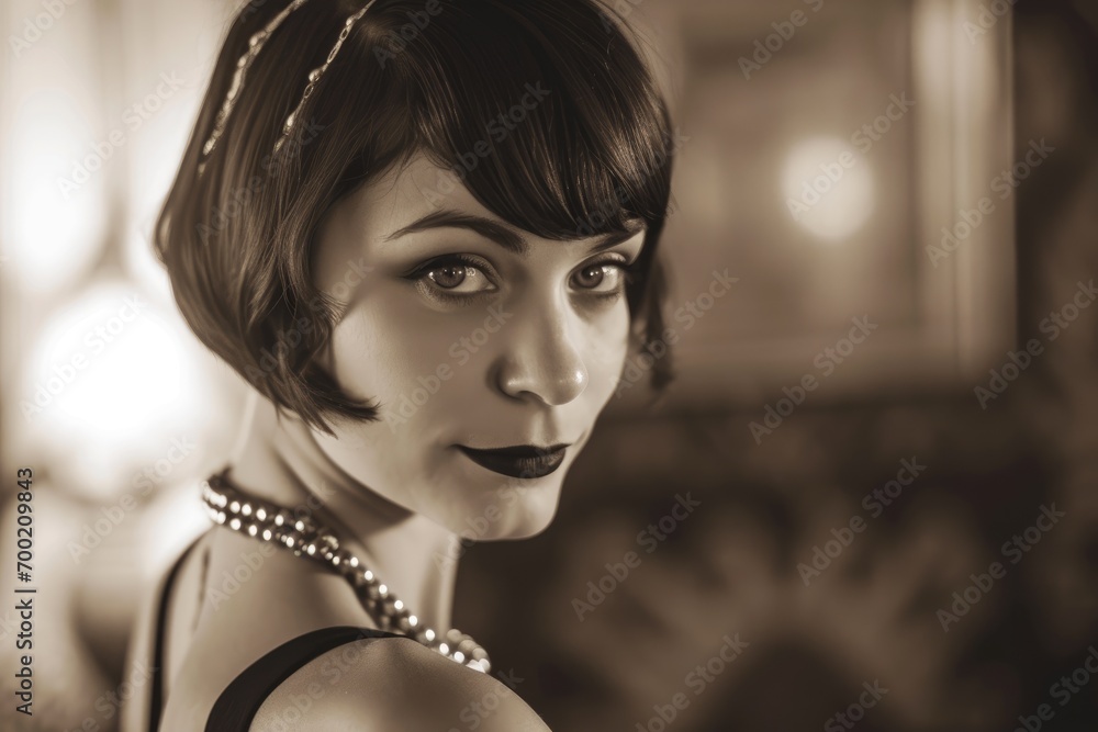 Elegance of the Roaring Twenties. Sepia-Toned Close-Up Portrait of a Stylish Flapper Woman ...