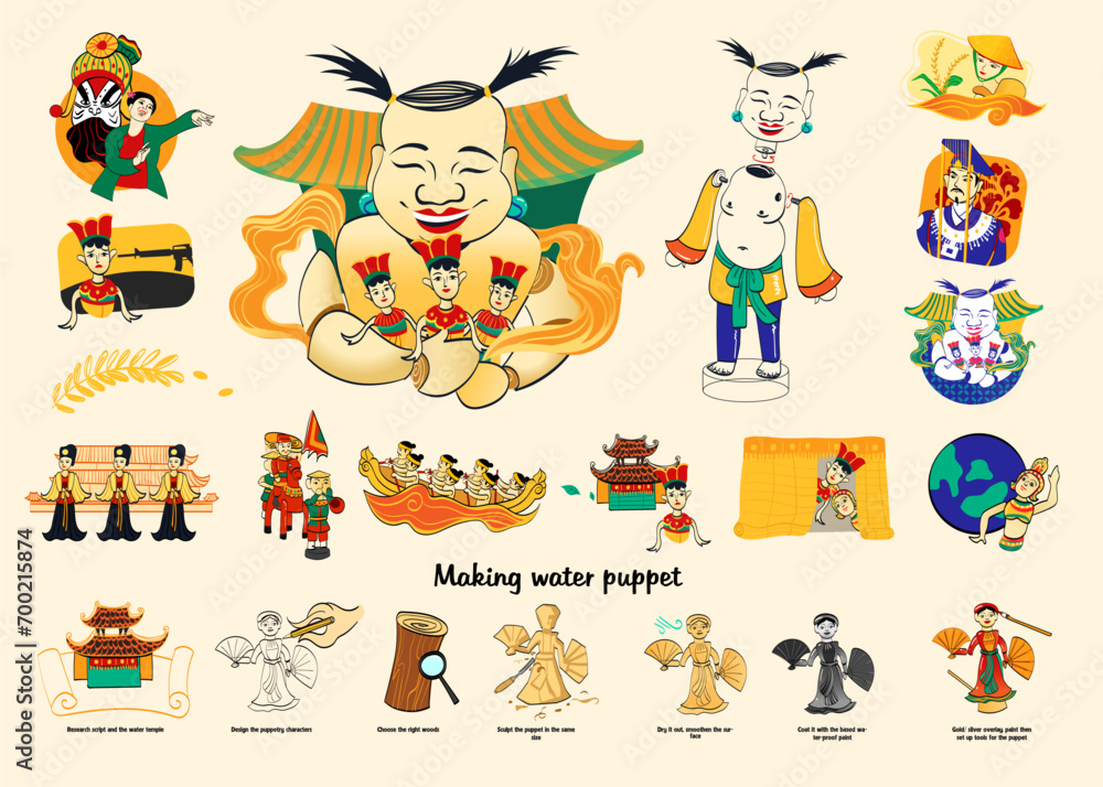 Múa rối nước Water Puppet Show vector set, Vietnamese culture folk ...
