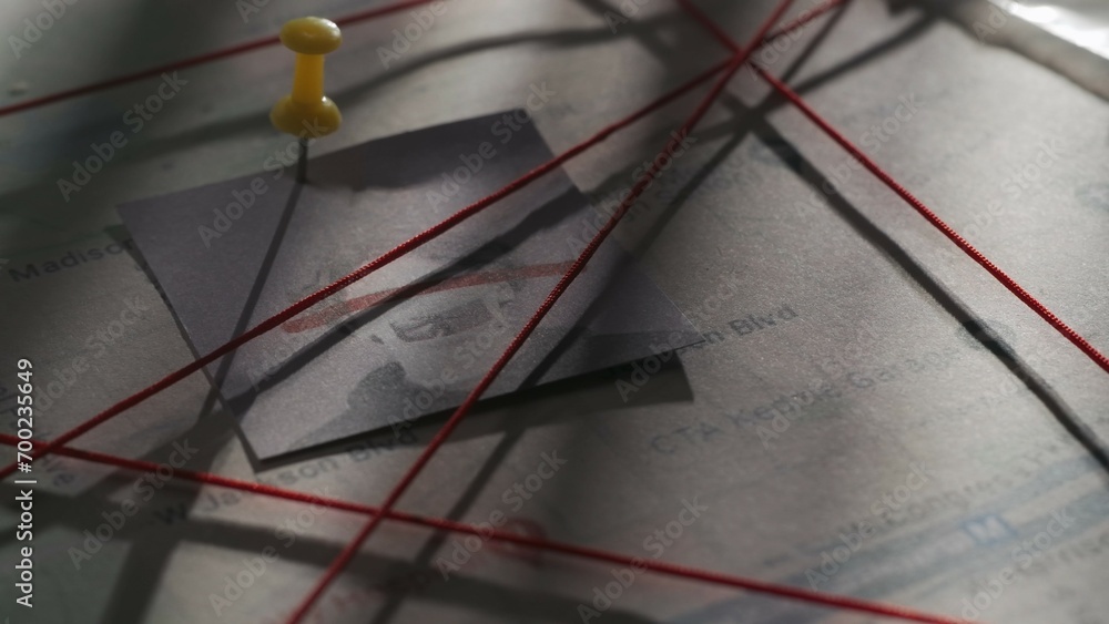 Close up shot of investigation board. Detective board with map of crime ...