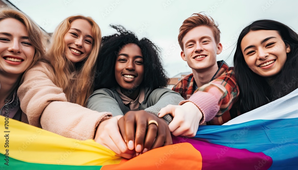 Lgbt group of people stacking hands outside , Diverse happy friends ...