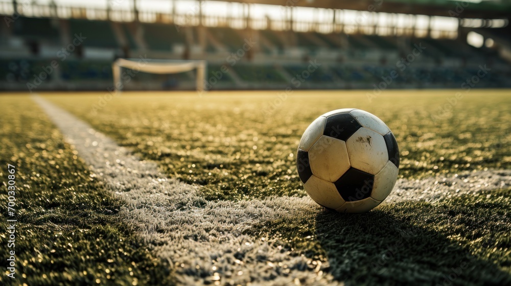 A soccer ball positioned at the kickoff spot in an empty stadium ...