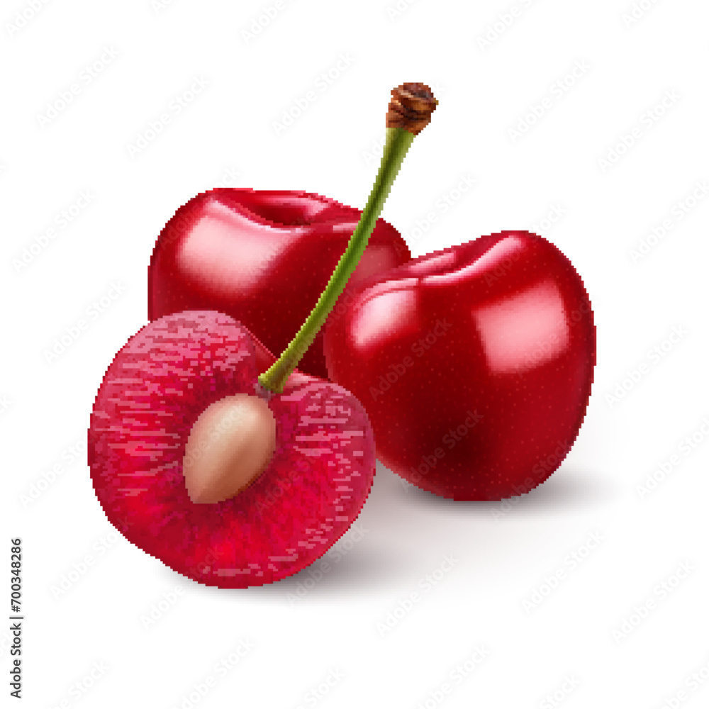 Three ripe, sweet Cherrys on white background. The cherries are both a ...