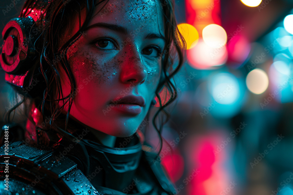 radiant cyborg superhero stands amidst neon lights, a beacon of ...