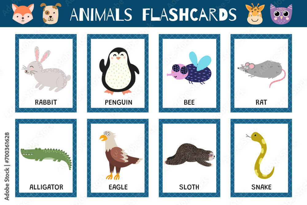 Animals flashcards collection for kids. Flash cards set with cute ...