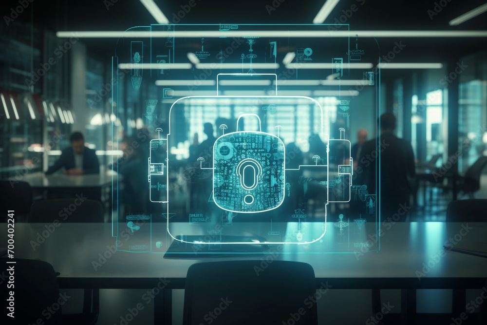 Virtual creative lock sketch with chip hologram on a modern boardroom ...