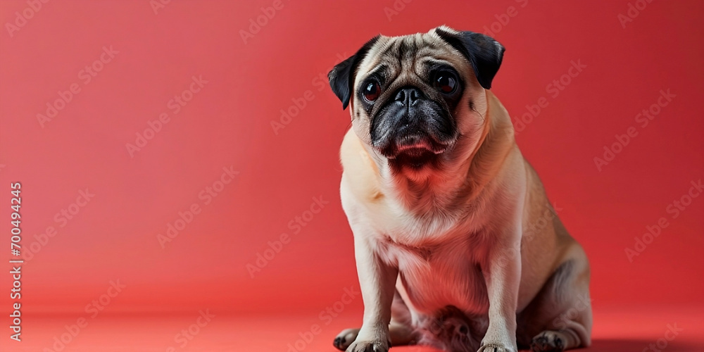 Dog pug,winks,with a big smile, sitting on a background in color of the ...