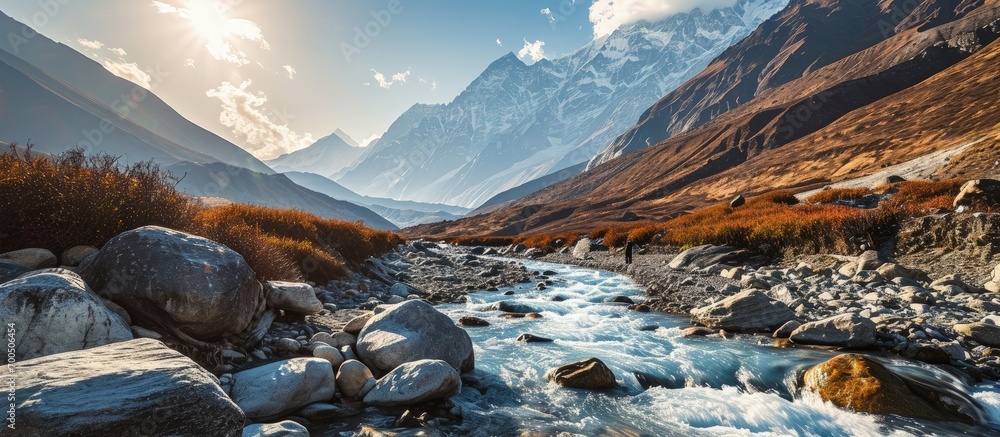 Himalaya mountains and stream water from melted glacier view from ...