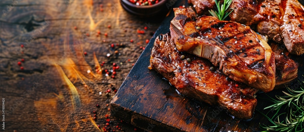 Beef steaks on the grill with flames banner menu recipe place for text ...