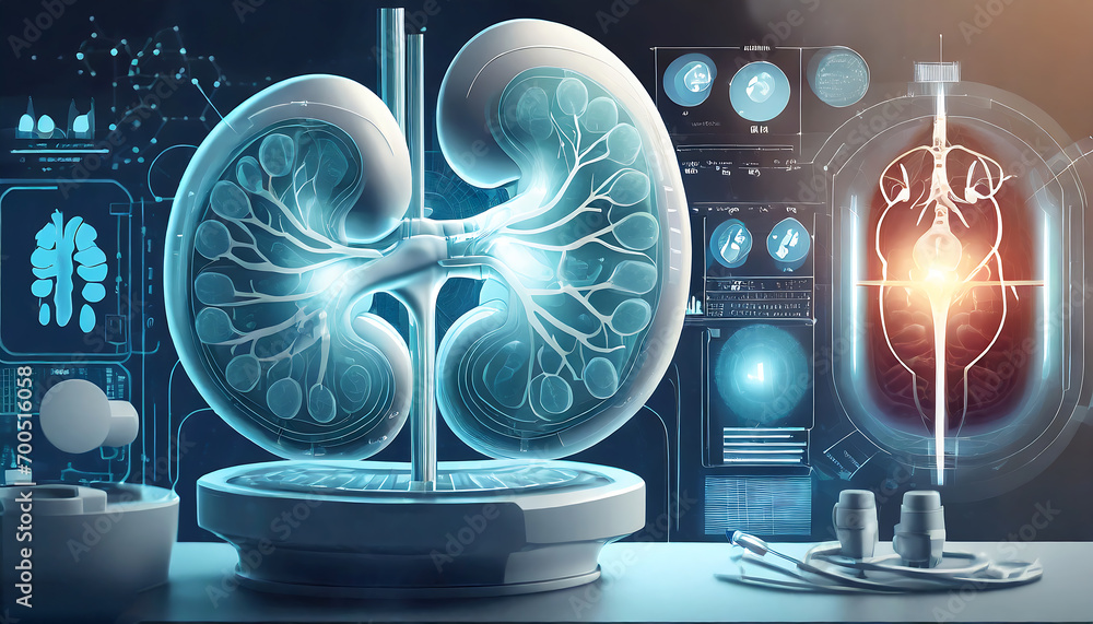 futuristic medical research or kidney health care with diagnosis and ...