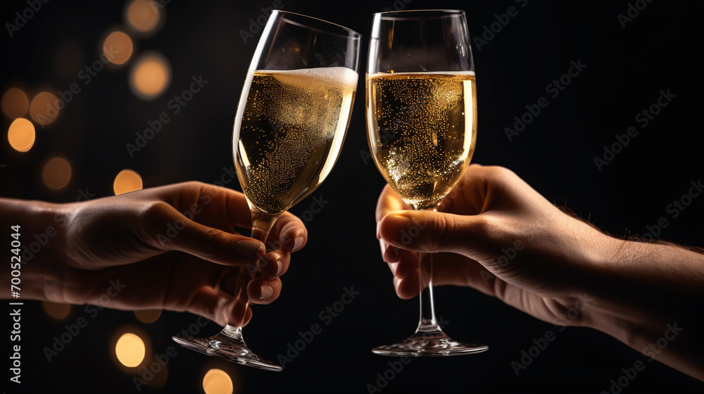 Two hands with glasses of champagne cheering, celebrating new year's ...