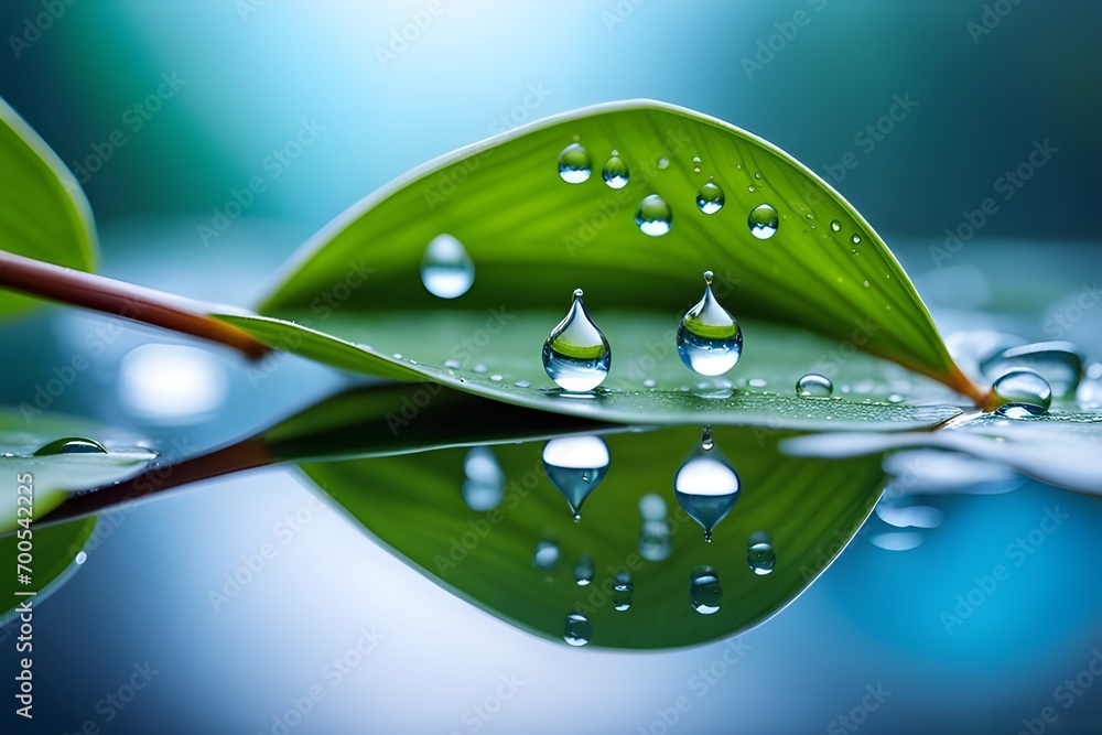Beauty of raindrops clinging to the surface of leaves, capturing the ...