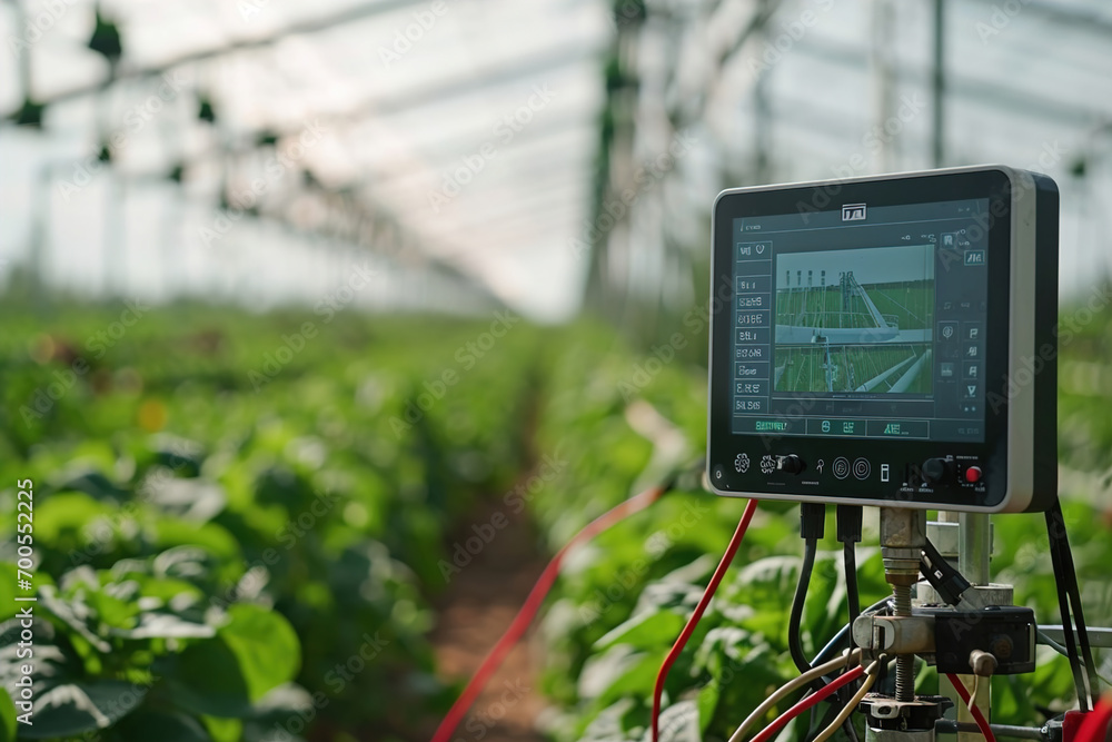 Electronically controlled greenhouse, board with AI text on screen ... Electronically controlled greenhouse, board with AI text on screen ...