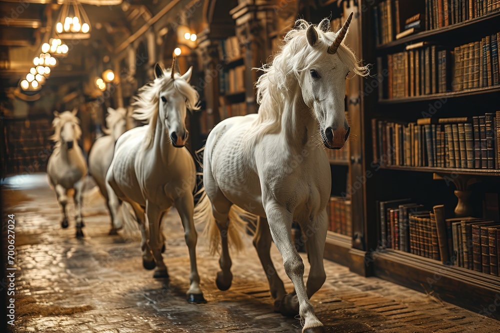 Unicorn Racing in a Library: Picture a library transformed into a ...