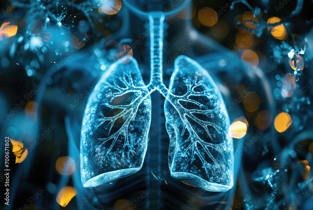 Projection of human lungs in 3D body model, lungs highlighted in blue ...