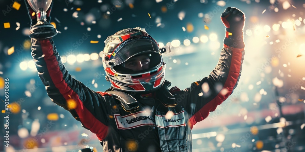 winner race car driver celebrating the win in a race against bright ...