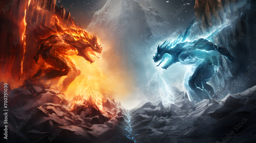 Ice and flame, the battle of the mythological titans Stock Illustration ...