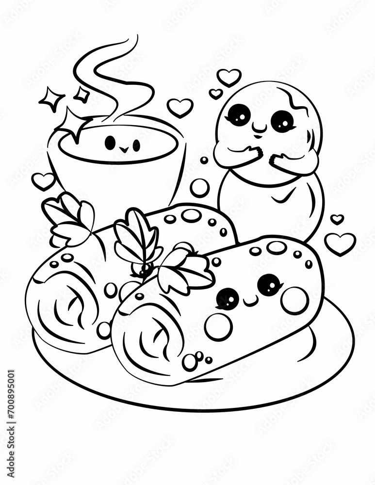 Doodle coloring page for children and adults. Cute kawaii food and ...