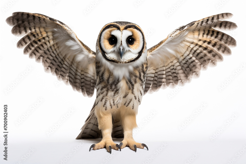 Tasmanian Masked Owl standing with its wings opened on a white ...