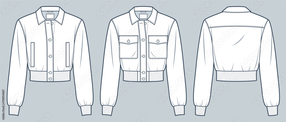 Button down Jacket fashion flat technical drawing template. Bomber ...