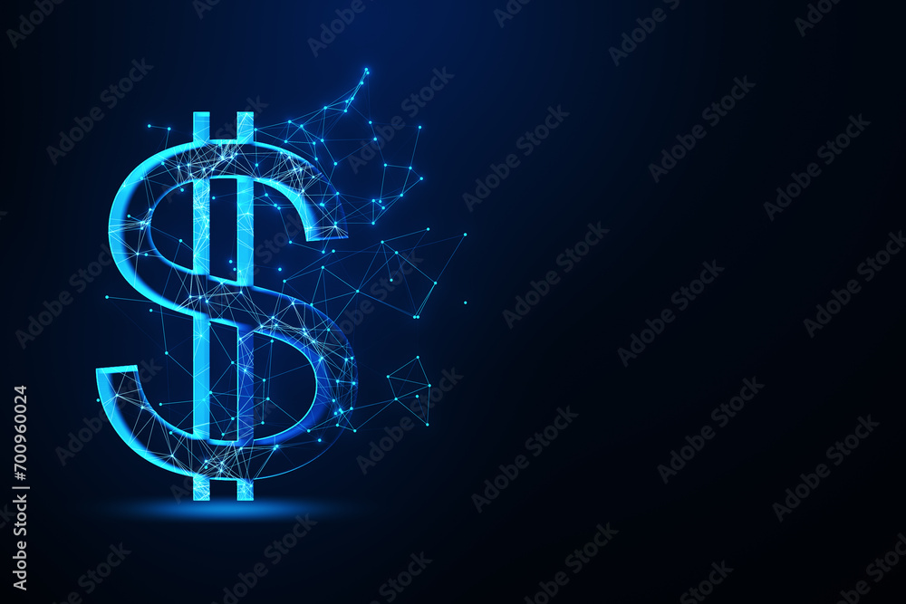 Creative polygonal digital dollar sign on blue background with mock up ...