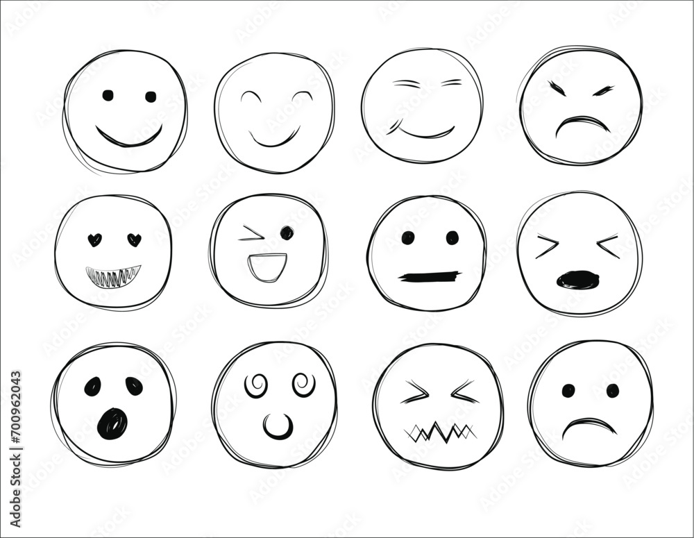 Doodle Emoji face icon set. Hand drawn sketch style. Emoji with ...